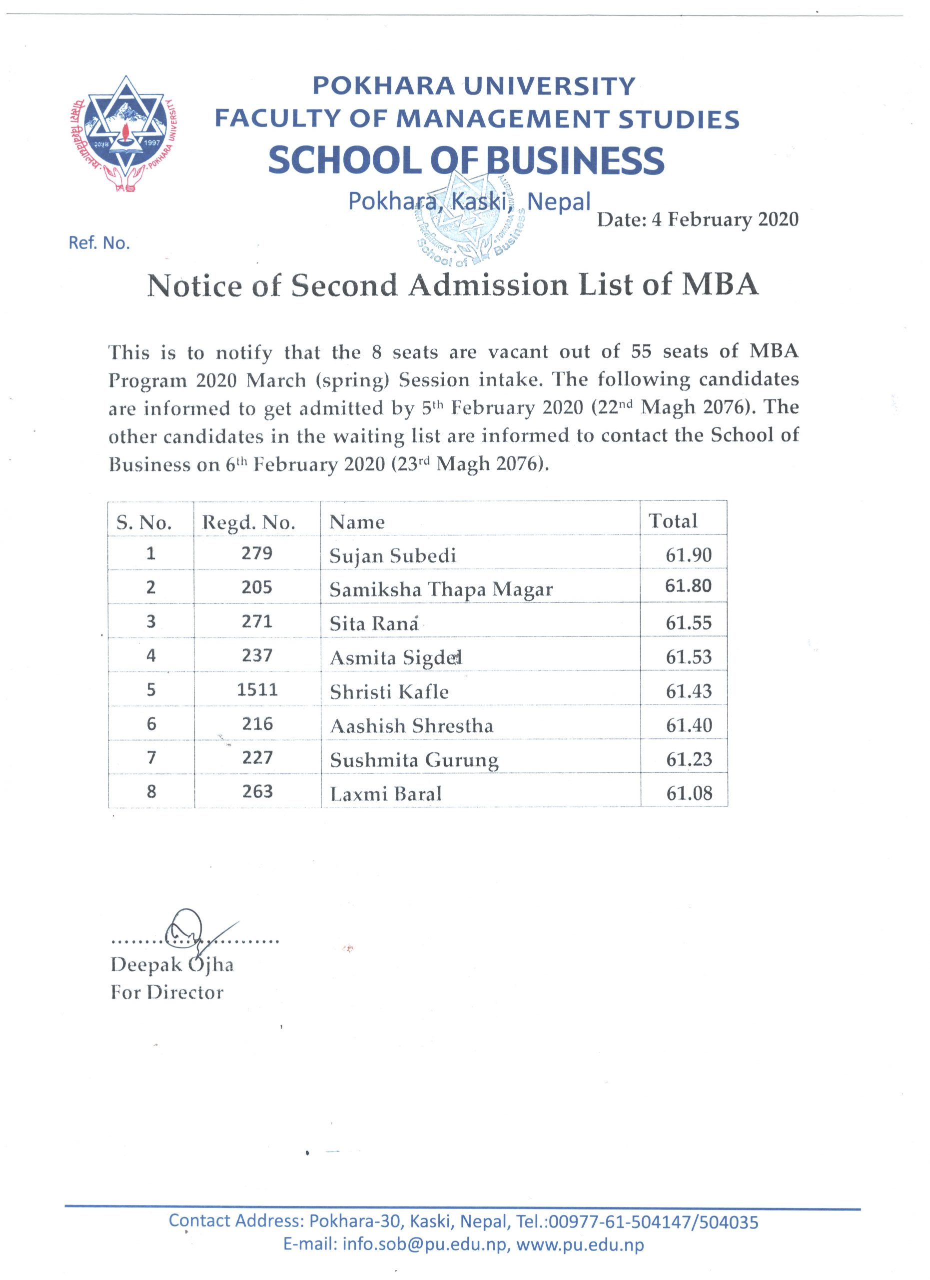 Second List Notice of MBA - An Official Site of Pokhara University