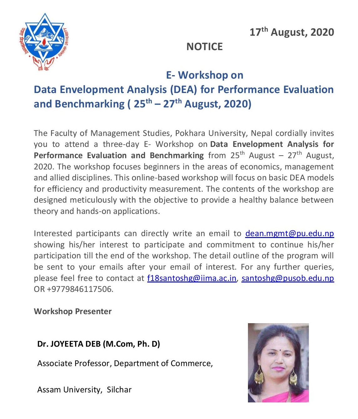 Faculty of Management Studies: E- Workshop on Data Envelopment Analysis (DEA) for Performance ...