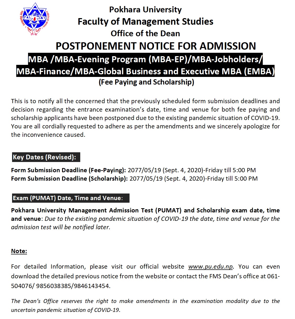 POSTPONEMENT NOTICE FOR ADMISSION MBA /MBA-Evening Program (MBA-EP)/MBA ...