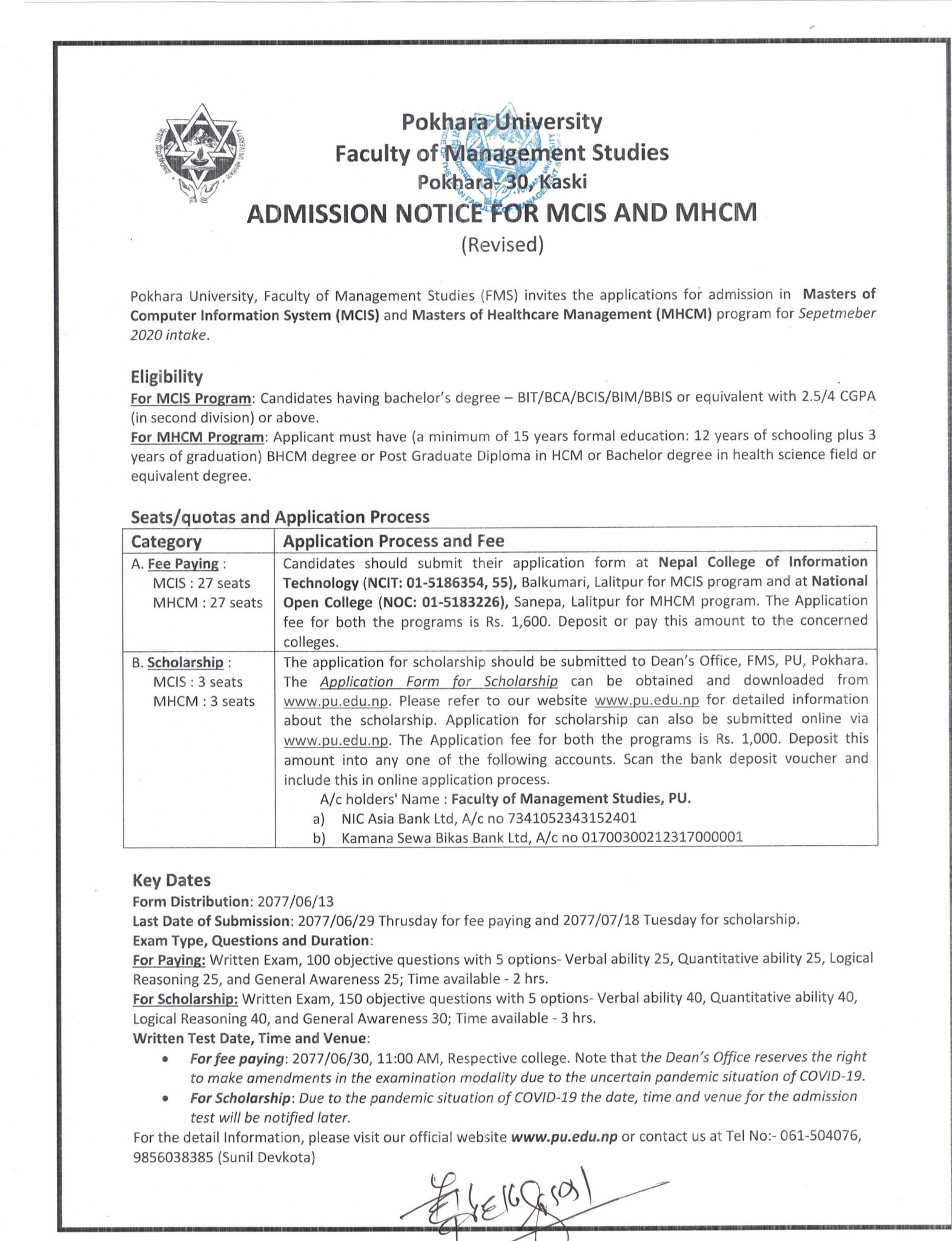 MCIS/MHCM Revised Notice - An Official Site of Pokhara University