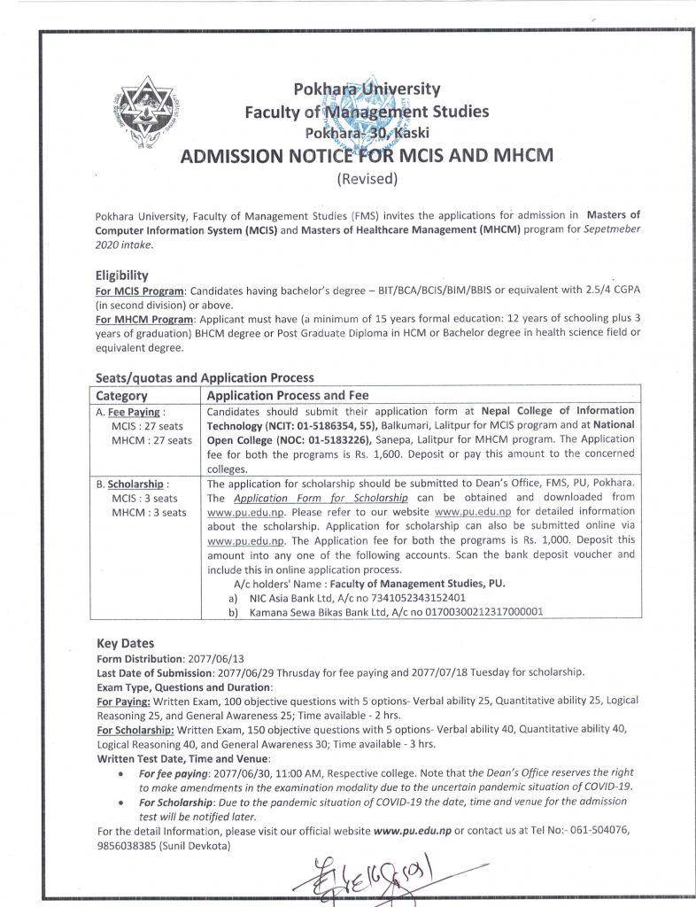MCIS/MHCM Revised Notice - An Official Site of Pokhara University