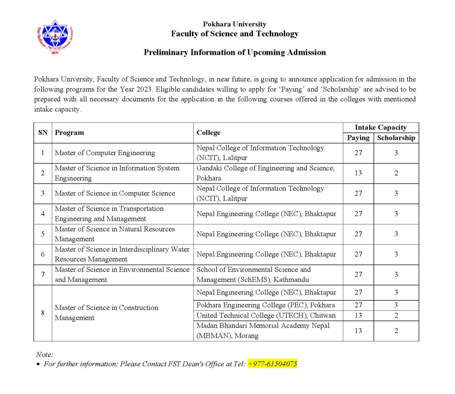 Faculty of Science and Technology: Preliminary Information for Upcoming ...